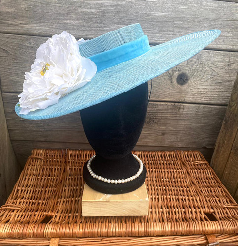 Daphney - Stunning Light Blue Sinamay Fascinator with statement peonies ...