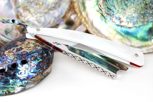 Max Sprecher Red Jasper Engraved Razor with MOP Scales