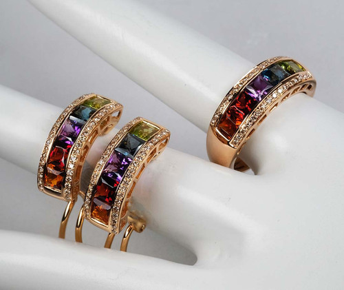 Bellarri "Eternal Love" 18K Rose Gold Multi-Gem Ring + Earrings Set ...