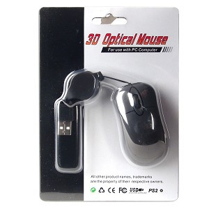 Mini USB 3-Button Optical Scroll Mouse with Retractable Cord (Black ...