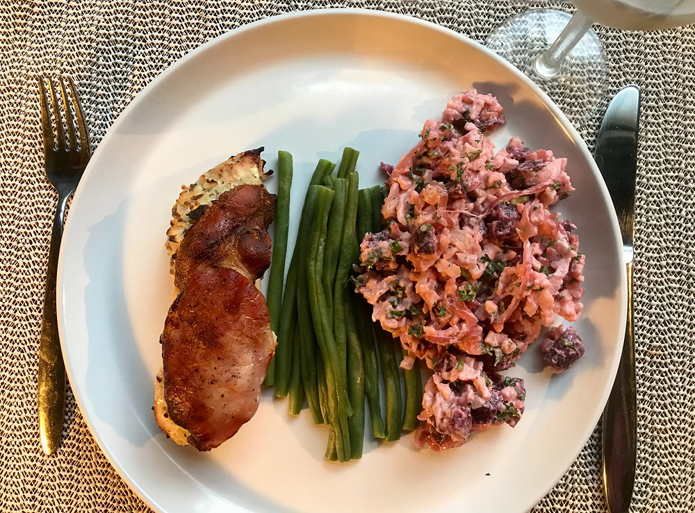 Mustard chicken with beetroot soured cream spätzle