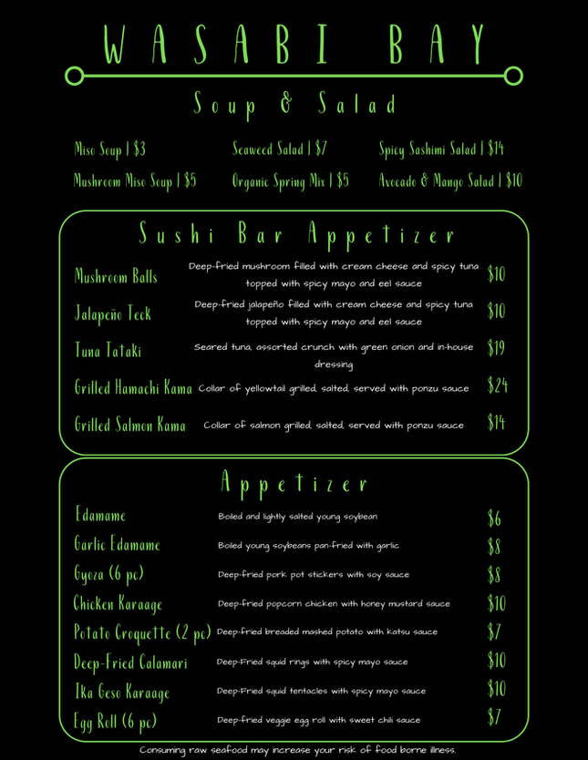 Menu | Wasabi Bay New Site