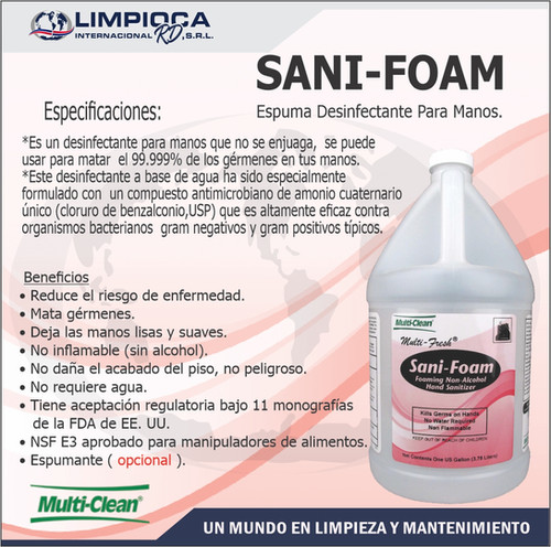 SANI- FOAM SIN ALCOHOL DESINFECTANTE DE MANOS | Limpioca RD