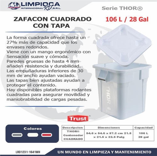 ZAFACON CUADRADO CON TAPA 106L - 28GL | Limpioca RD