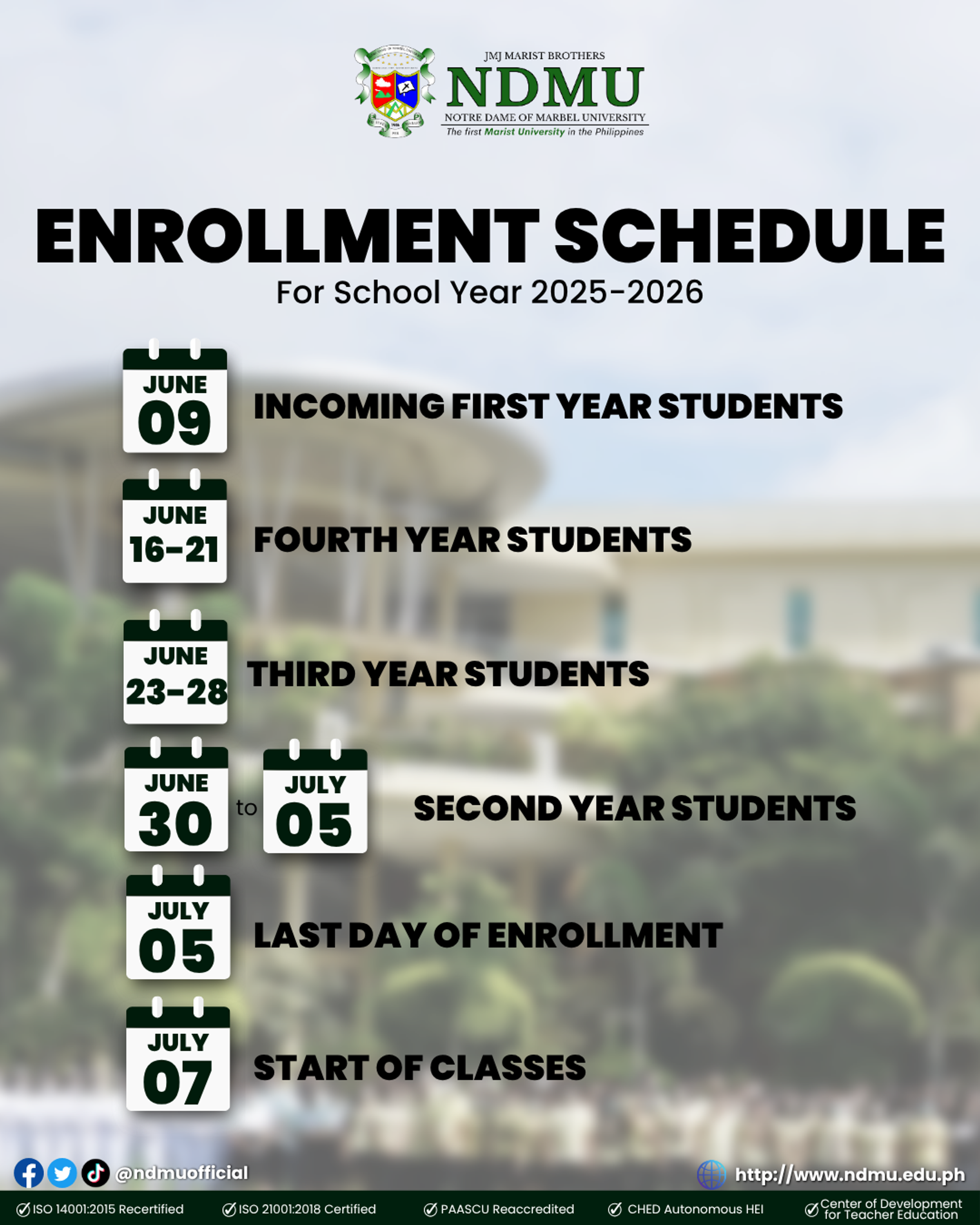 NDMU Enrollment Schedule 2025
