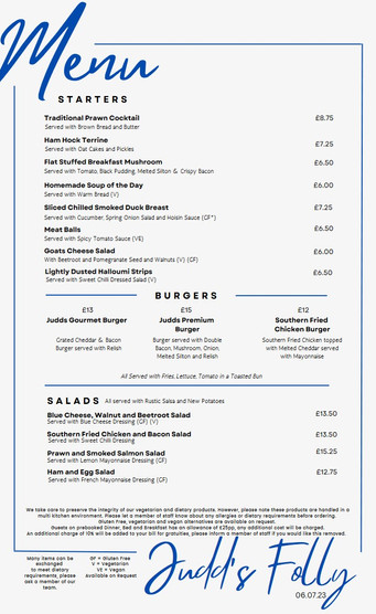 Menus | Judds Folly Hotel