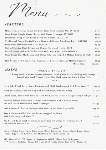Menus | Judds Folly Hotel