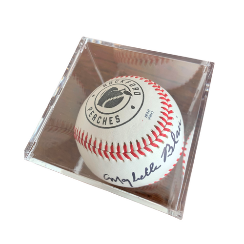 Rockford Peaches logo leather baseball, autographed by Maybelle Blair ...