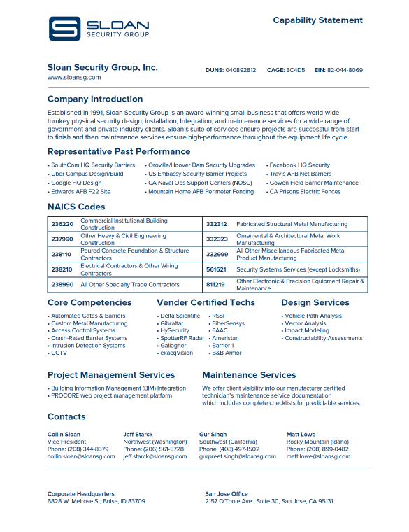 Capability Statements | Resources | Sloan Security Group