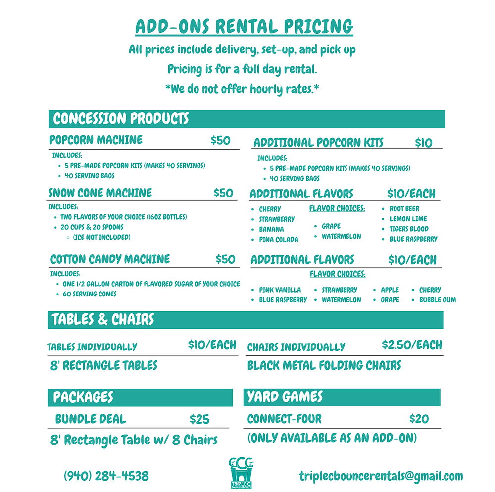 Add-Ons Prices | Triple C Bounce