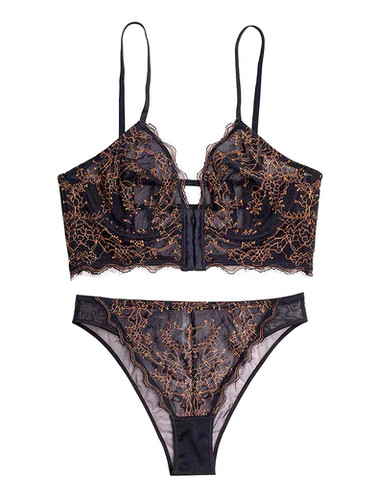 Signature Embroidered Bra Set Black | awakelingerie