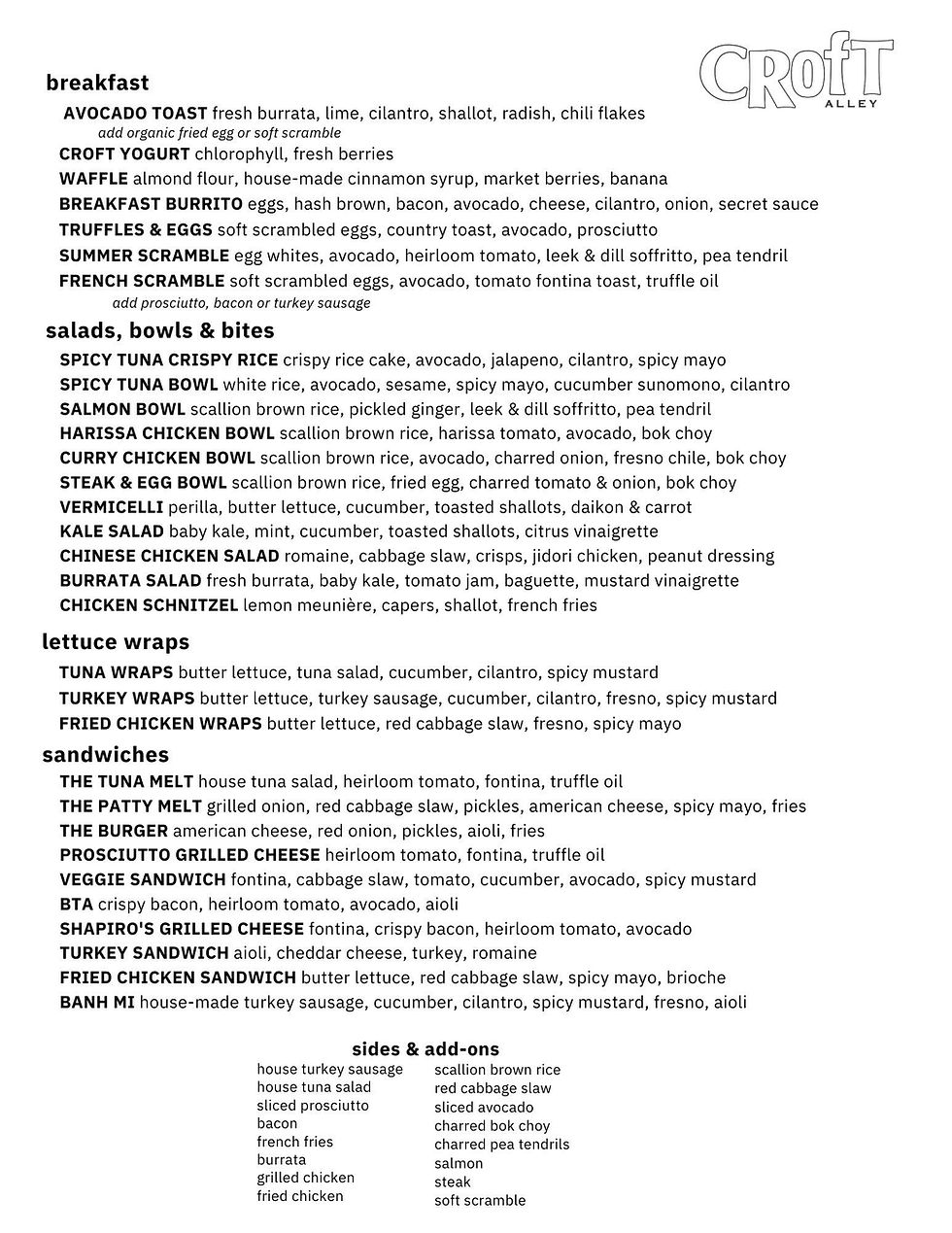 Menus | Croft Alley