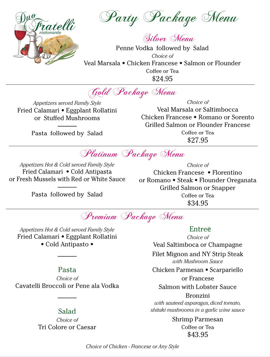 Party Package Menu | Due Fratelli NJ