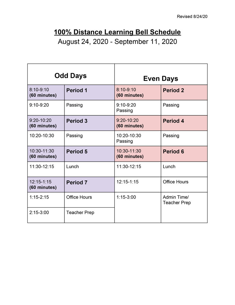 1st Quarter Blended & 100% Distance Learning Schedule