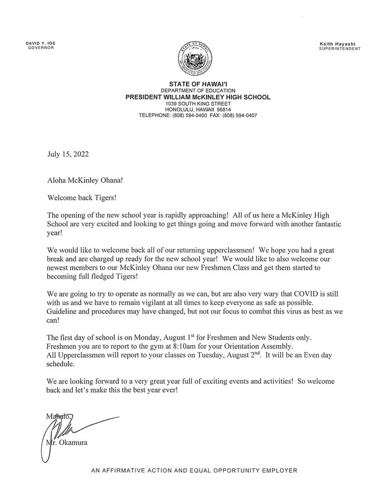 Back to School Letter