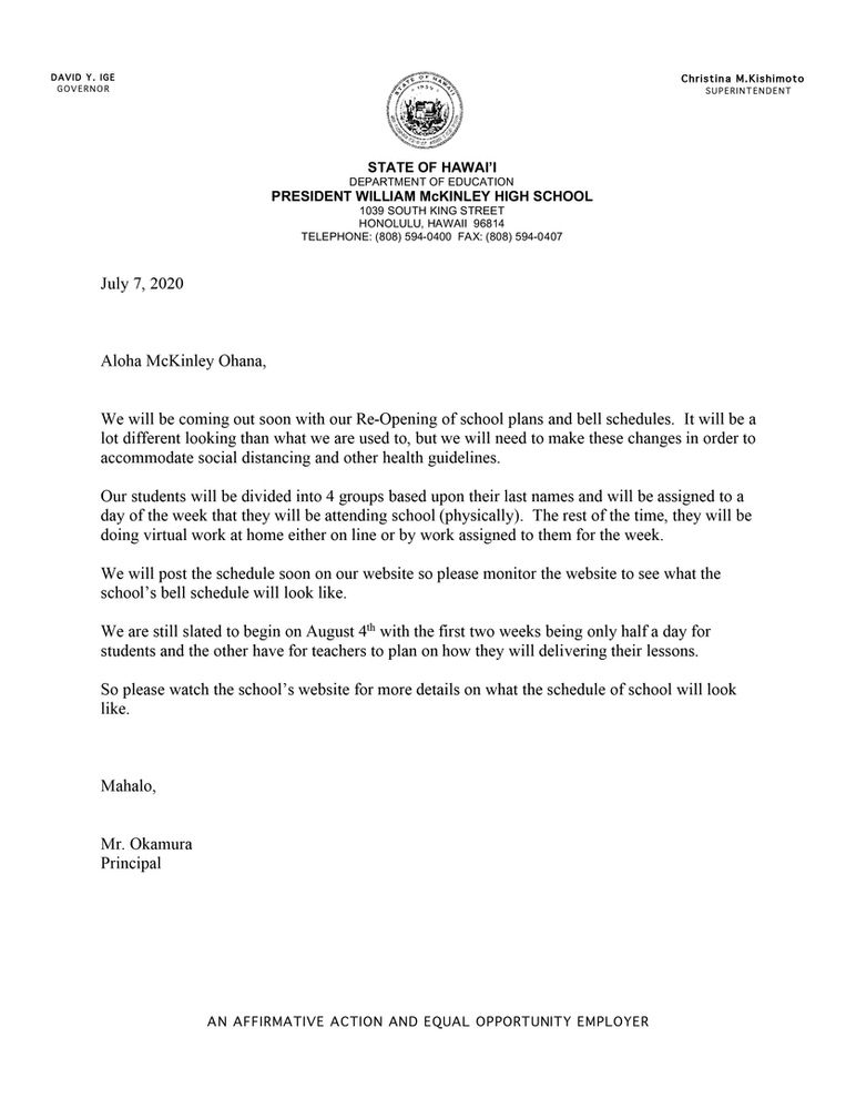 Reopening School Letter