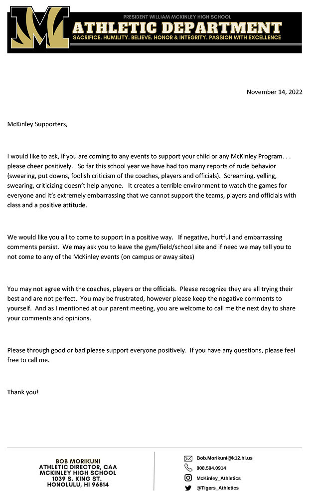 Athletics Note to Parents