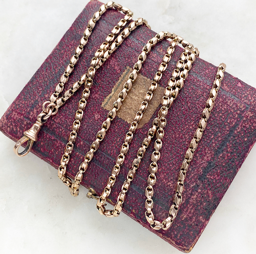 Antique 30" 9ct gold fancy tulip link belcher chain with dog clip ...