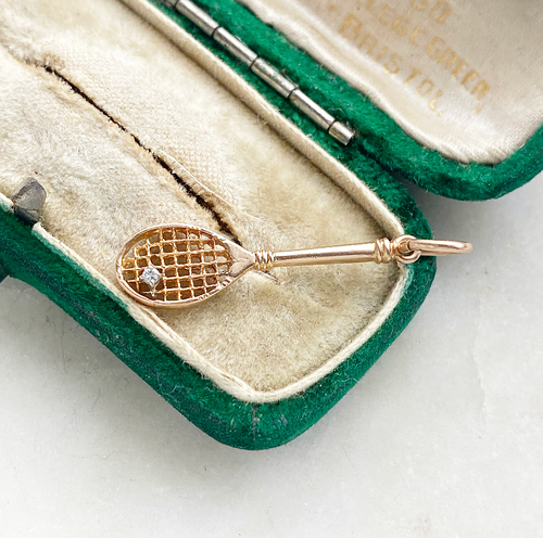 Vintage 9ct gold and diamond tennis racket charm | kategoldjewellery