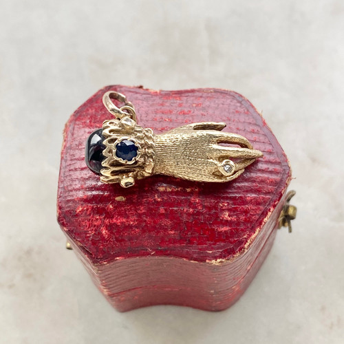 Vintage 9ct gold, diamond, sapphire and garnet hand charm ...
