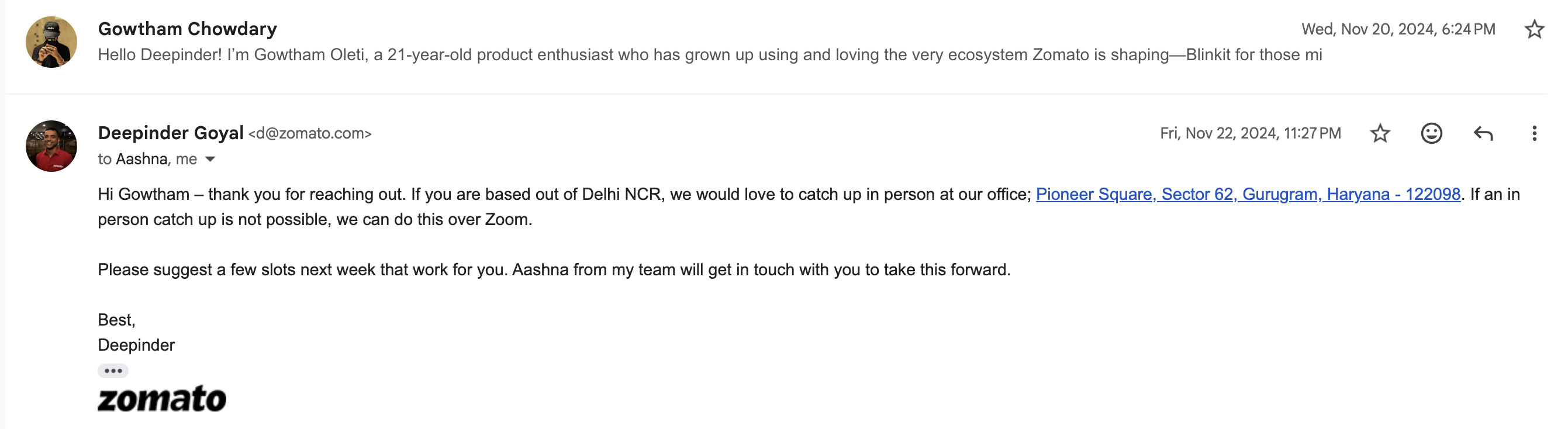 Deepinder Goyal's reply