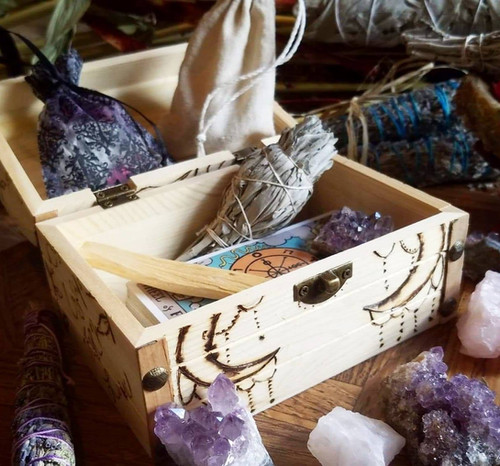 Sage, Tarot, Crystal Box, Handcrafted Wood Burned Art | ilmylunajane