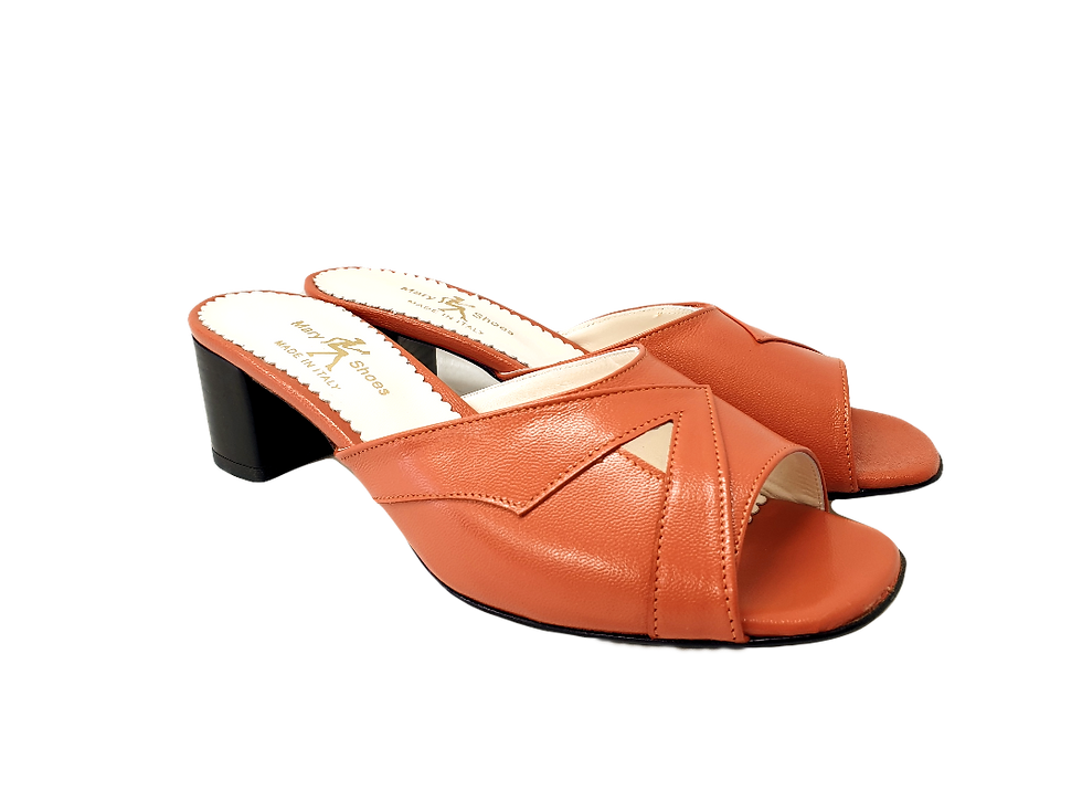 Barbara, orange mid block heel sandals | Mary Shoes