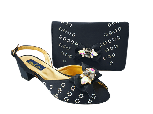 Stella, low heeled black wedding shoes and matching bag set | Mary Shoes