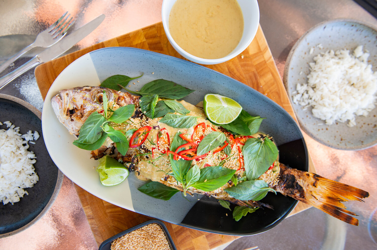 Charred Whole Fish with Peanut Curry Sauce