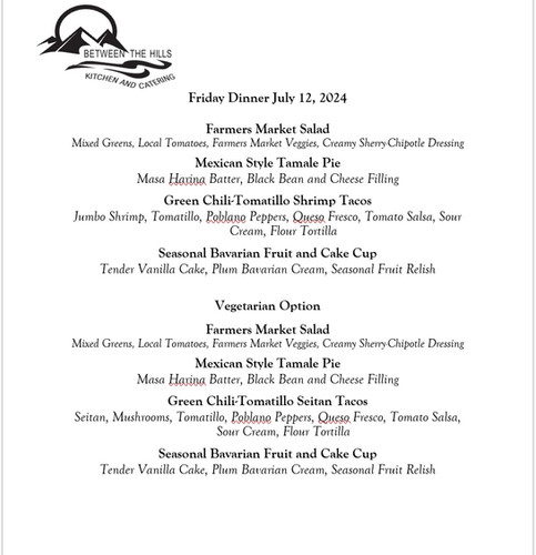 FRIDAY JULY 12TH DINNER | BetweenthehillsEvent