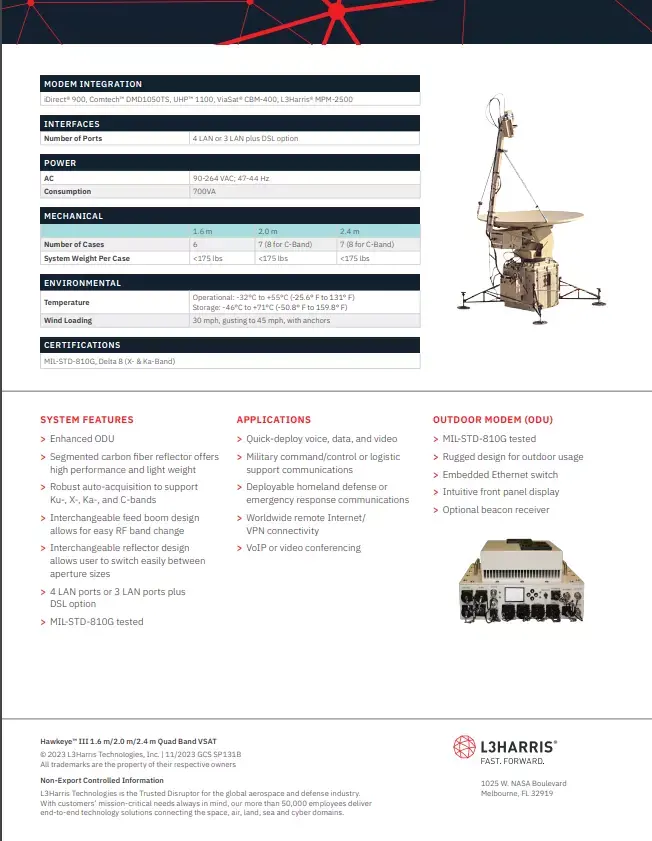 L3Harris Hawkeye-III VSAT Terminal 2.4M, KU-Band, 40W SATCOM Satellite ...