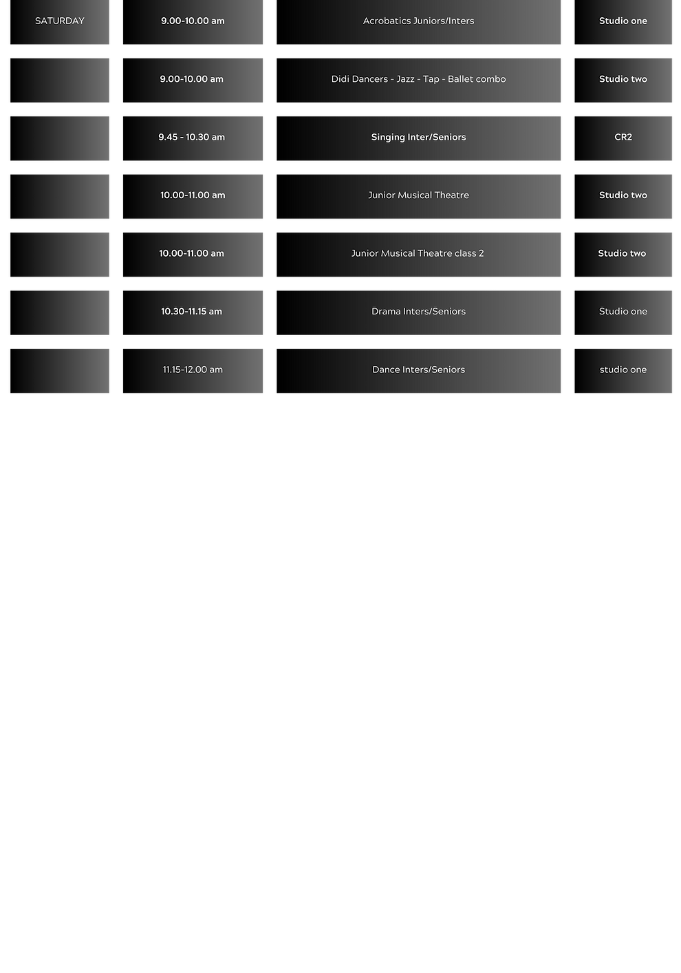 Prices and Times | Unite stage academy