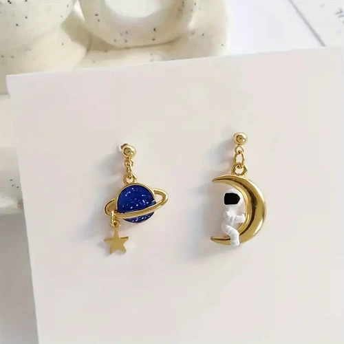 Planet Astronaut Moon Design Asymmetric Dangle Earrings Simple Cute ...