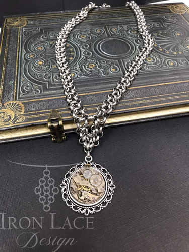 Steampunk Cameo and Chainmail Pendant Necklace | IronLaceDesign