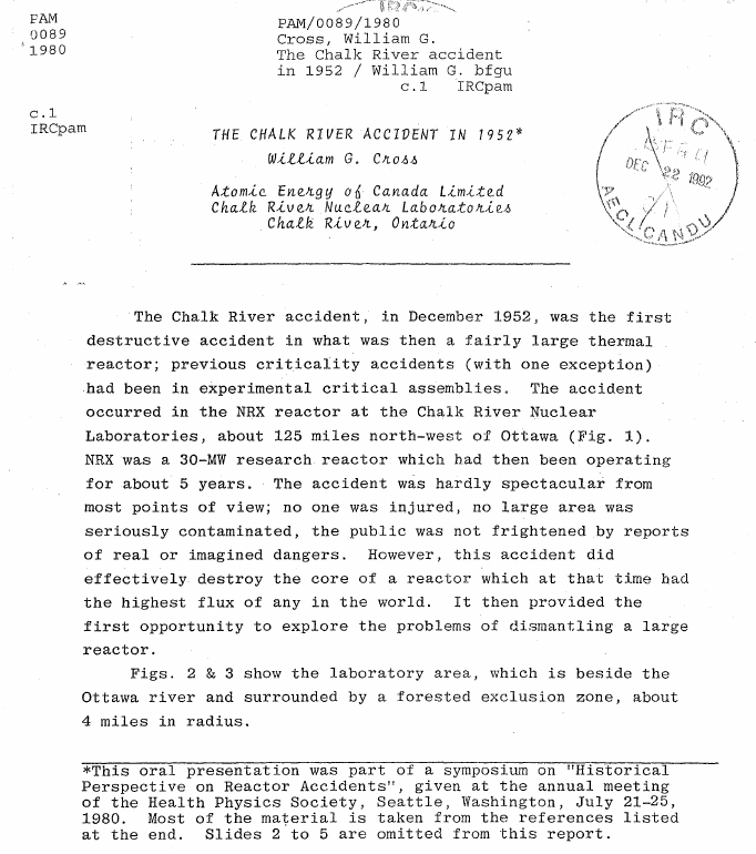 The Chalk River Accident in 1952 | NR-HA.org