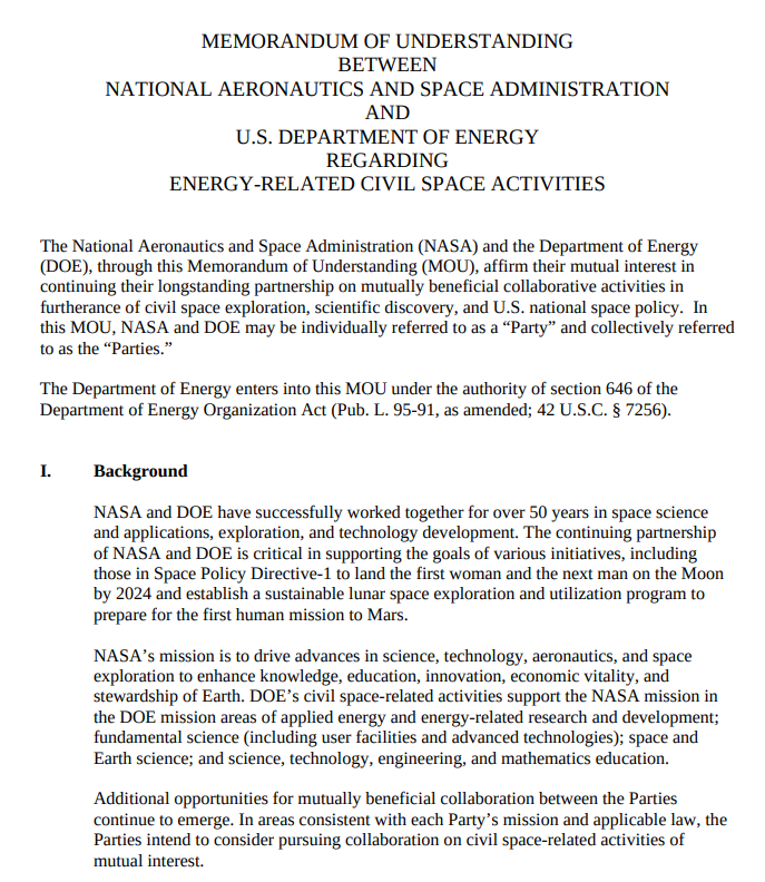NASA/DOE MOU for Space Reactors | NR-HA.org