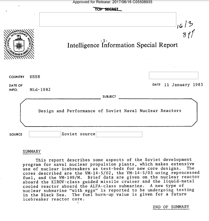 1983 - Redacted CIA Report on Soviet Naval Nuclear Reactors | NR-HA.org