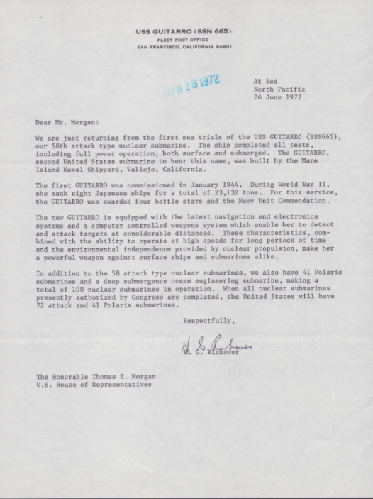 1972 - SSN 665 (GUITARRO) Sea Trials Letter | NR-HA.org