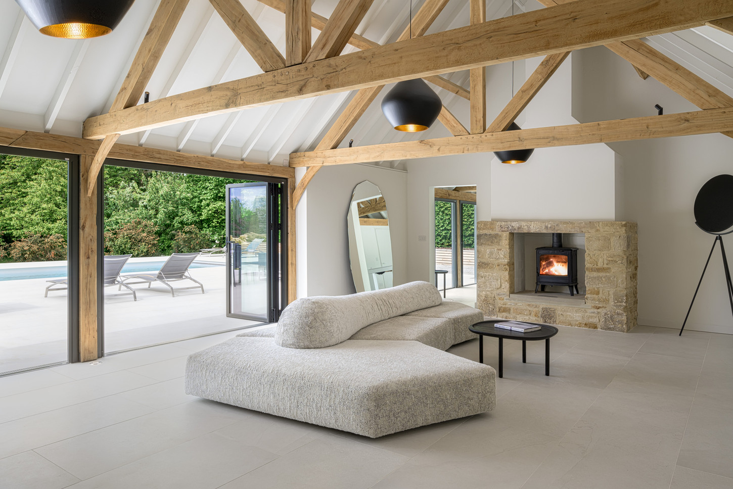 A contemporary party barn and pool inspired by holidays in Ibiza