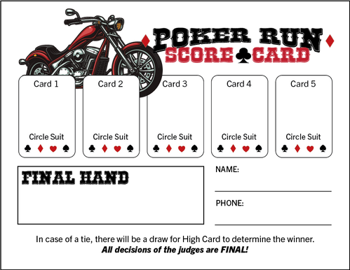 Poker Run Score Card for Poker Run events