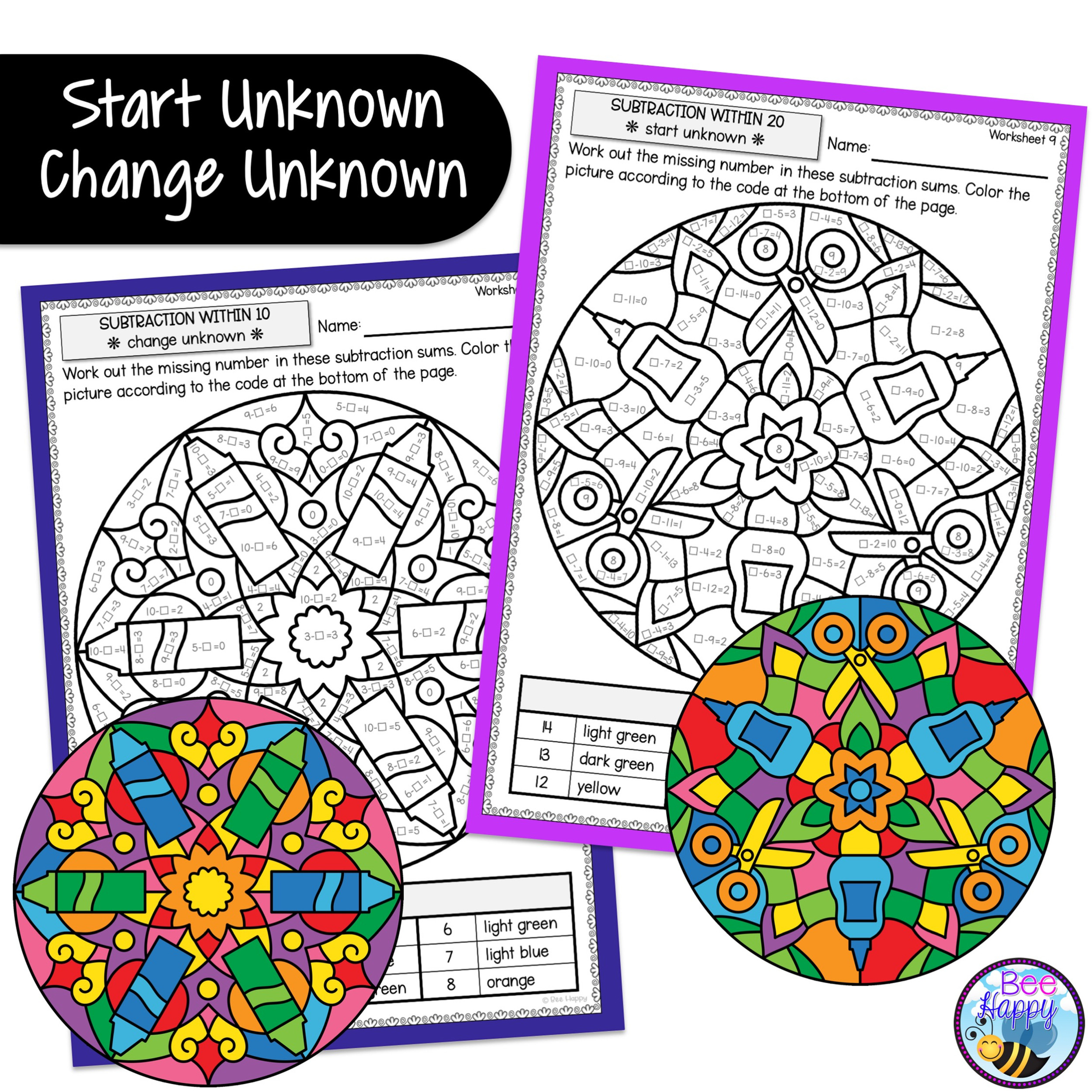 Colour by Code Subtraction Within 20 Mandalas | Bee Happy Teaching