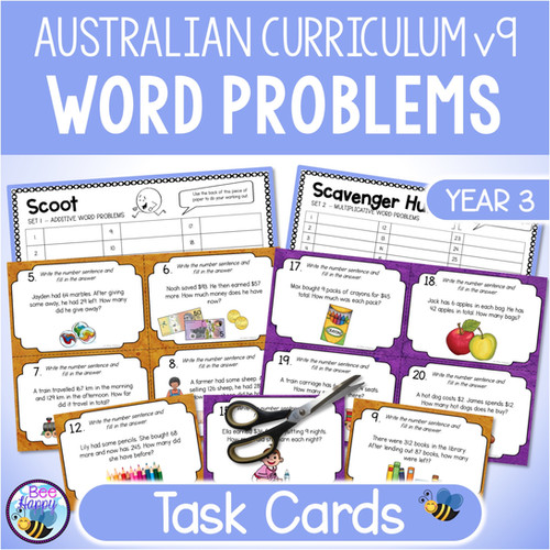 Word Problems Task Cards Year 3 Australian Curriculum v9 | Bee Happy ...