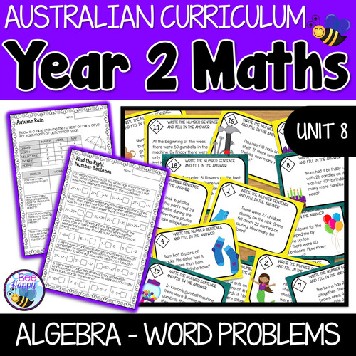 Year 2 Maths Unit 8 Word Problems Worksheets and Task Cards | Bee Happy ...