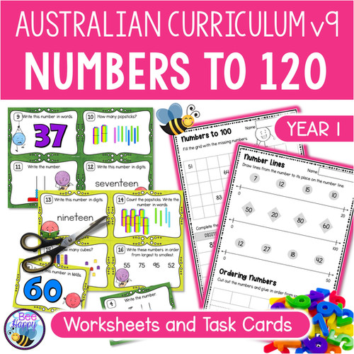 Year 1 Maths Numbers to 120 Worksheets and Task Cards | Bee Happy Teaching