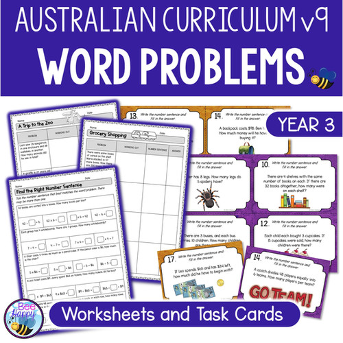 Australian Curriculum v9 Year 3 Word Problems Worksheets and Task Cards ...