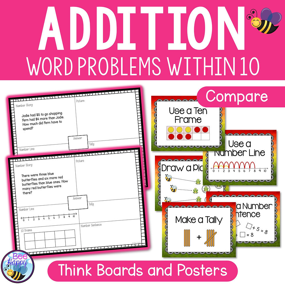 Addition Word Problems Compare Sums to 10 | Bee Happy Teaching