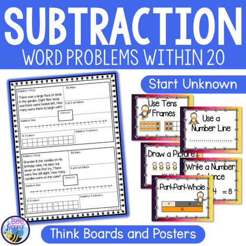 Subtraction Word Problems to 20 Start Unknown | Bee Happy Teaching
