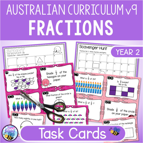 Fractions Task Cards Halves Quarters Eighths Year 2 Australian ...