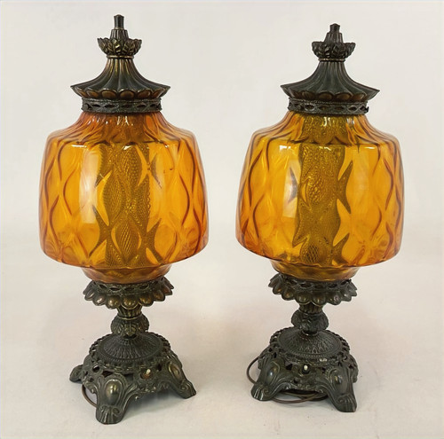Original Mid Century Carl Falkenstein Table Lamps - Amber Glass Pair