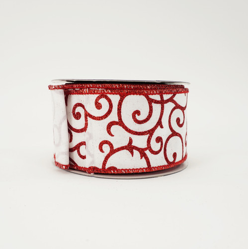 RIBBON LUS GLITTER SCROLL 2.5"X10YD WHITE AND RED | Craftex